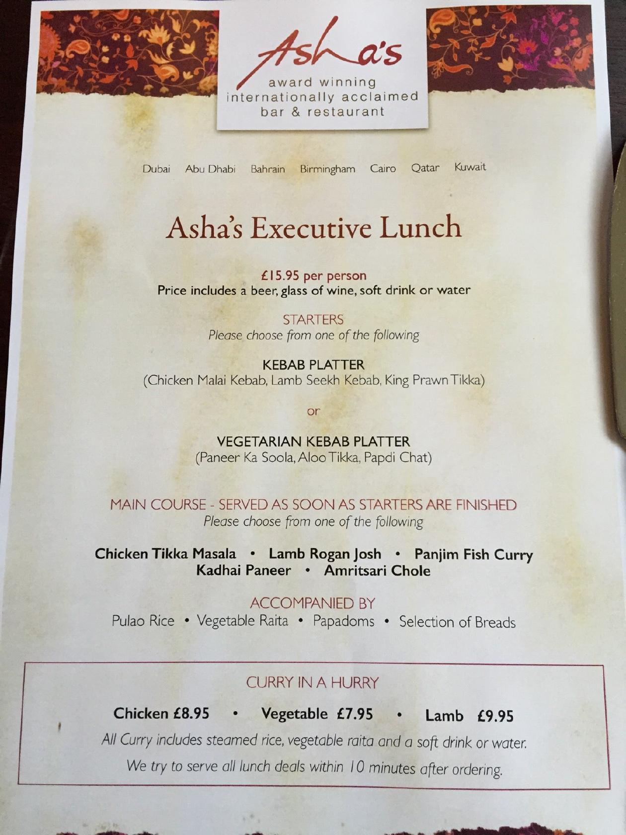 Menu at Asha's Indian Fine Dining Restaurant & Cocktail Bar, Birmingham