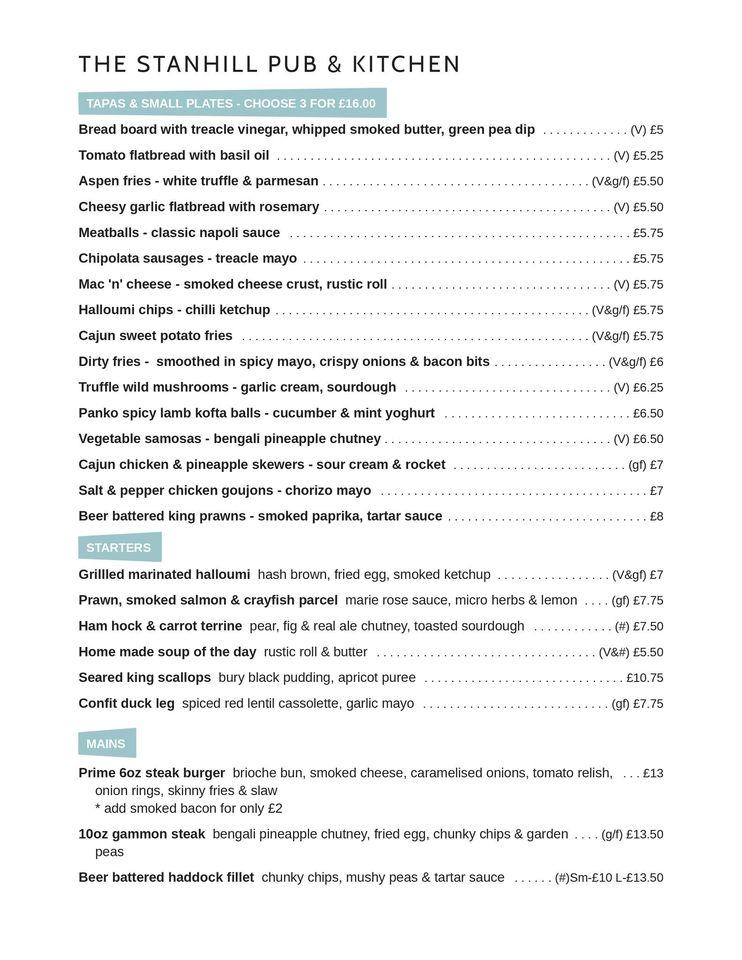 Menu at The Stanhill Pub and Kitchen, Oswaldtwistle
