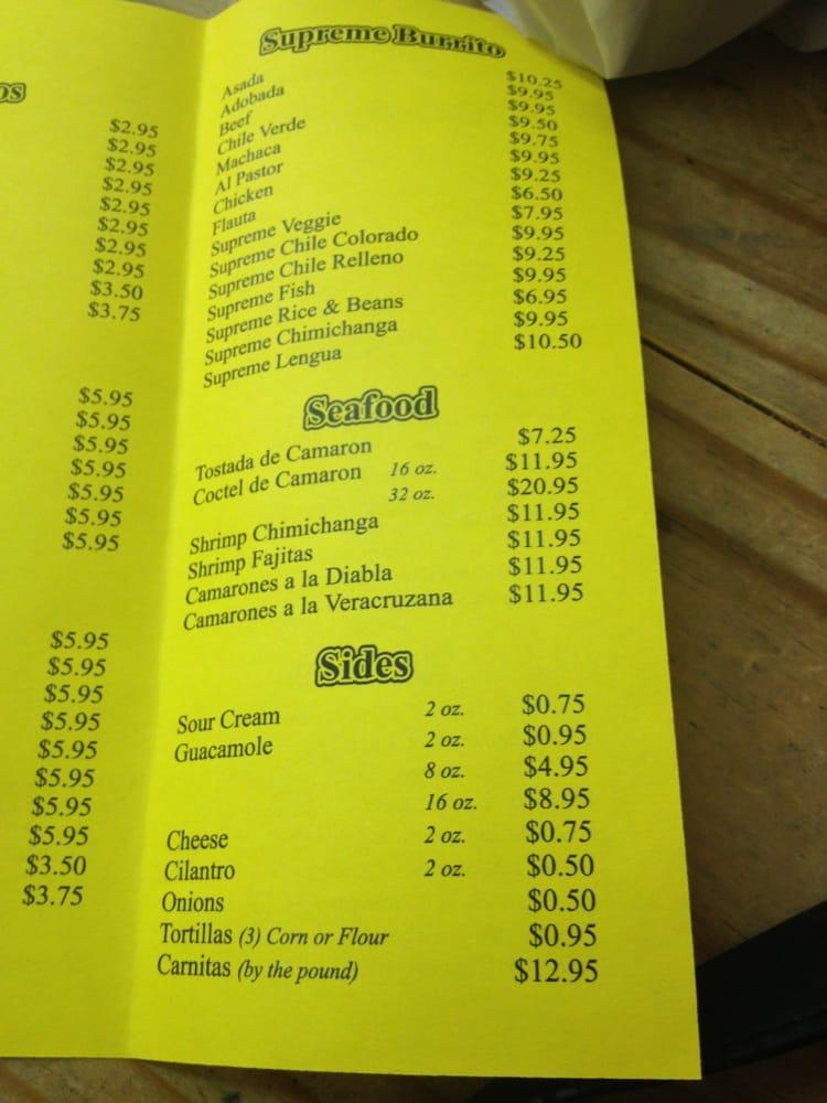Menu at Tijuana Taqueria restaurant, Placerville