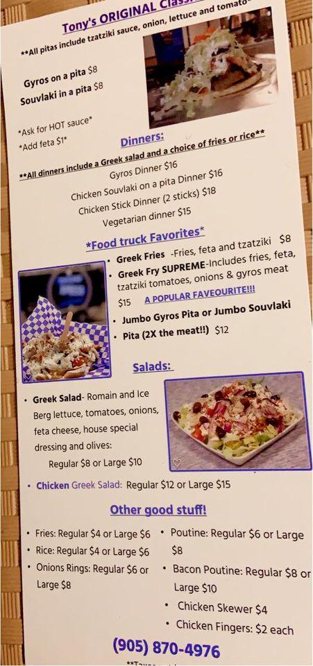 Menu at Tony's Corner Xpress restaurant, Caledonia