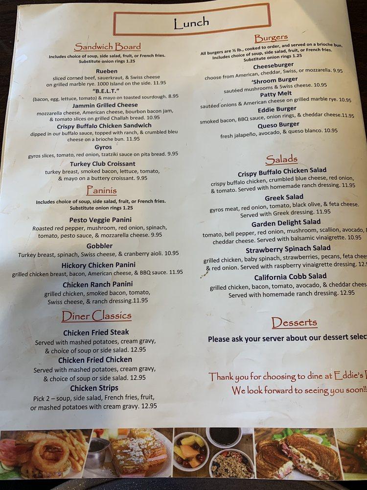 Menu at Eddie's Diner restaurant, Plano