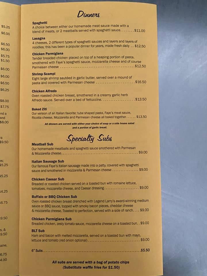 Menu at Faye's Pizza pizzeria, Sheboygan