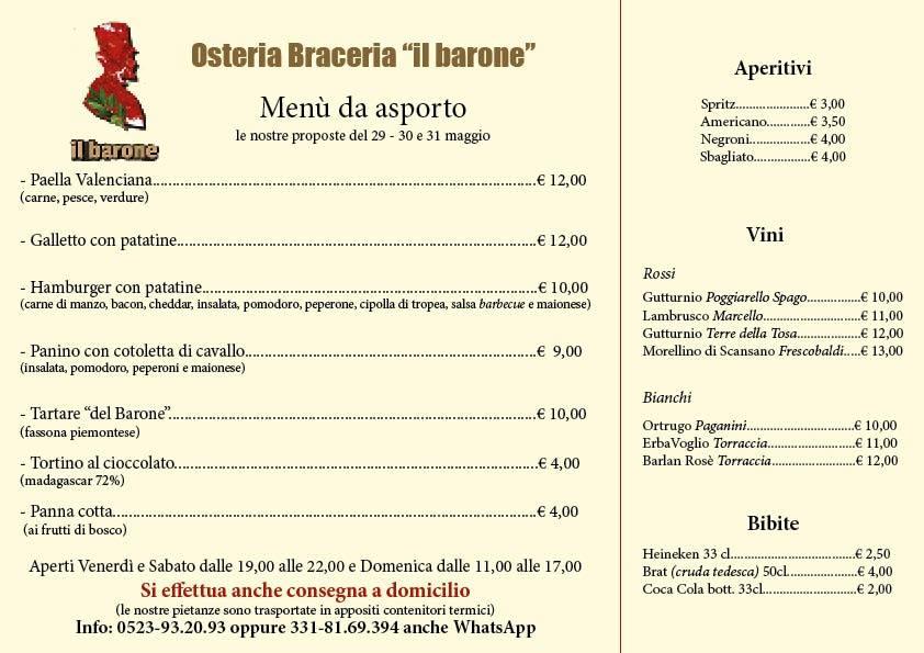 Menu at Osteria Braceria il Barone, Bobbio
