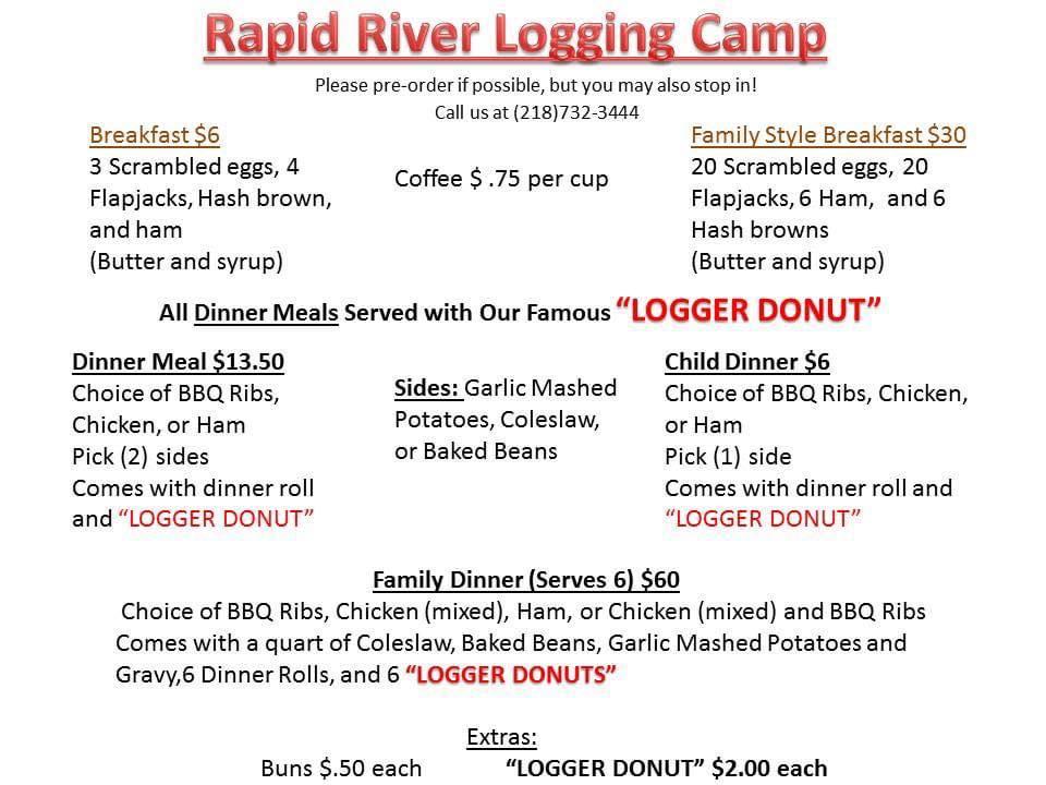 Menu at Rapid River Logging Camp restaurant, Park Rapids