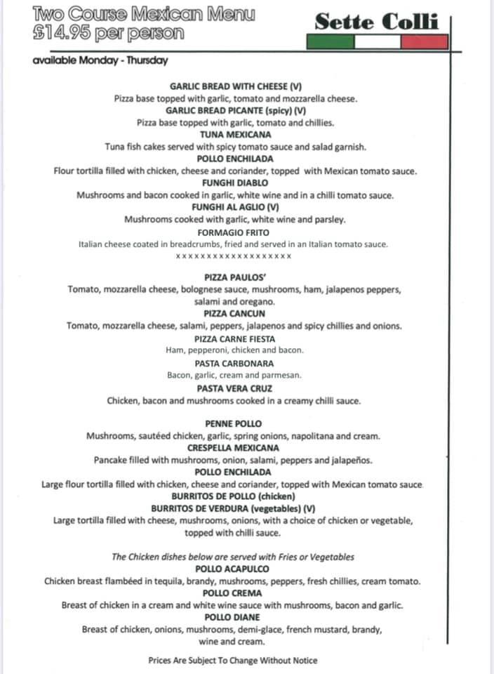 Menu at Sette Colli Restaurant, Sheffield