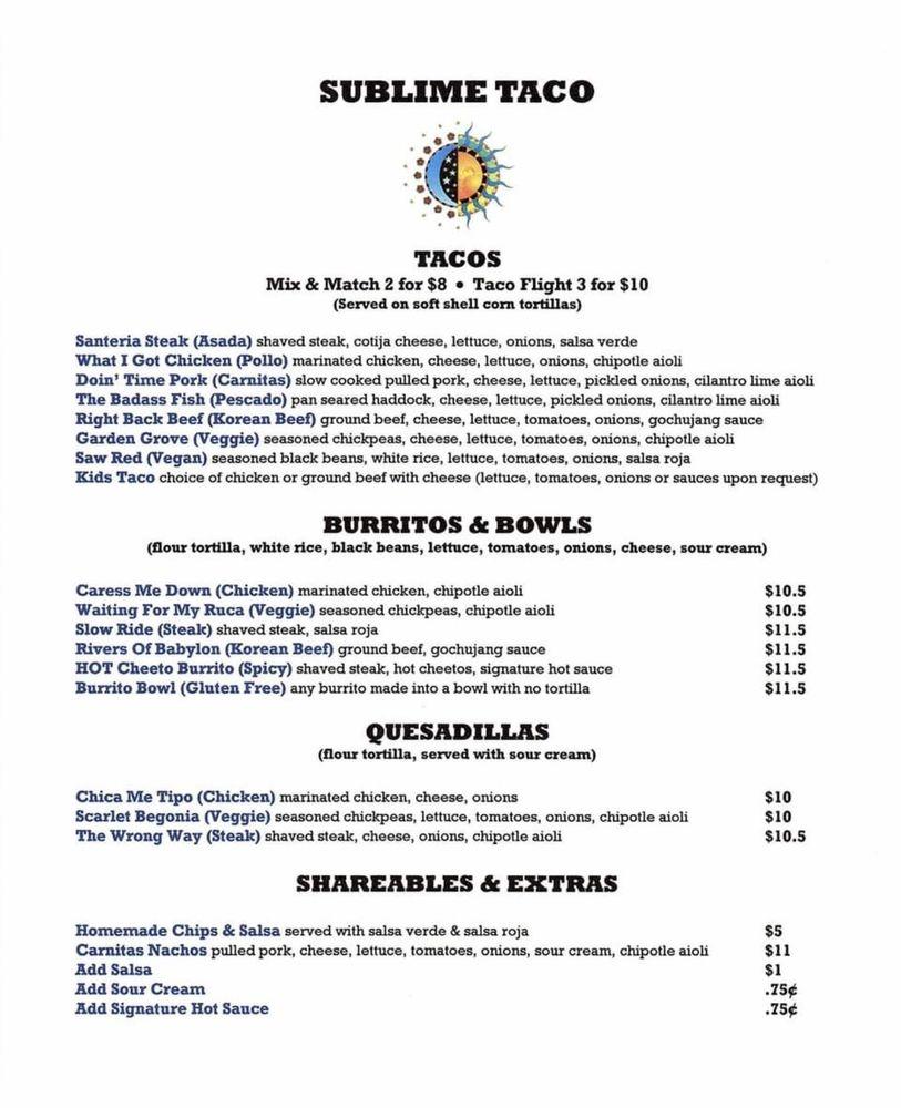 Menu at Sublime Taco restaurant, Biddeford
