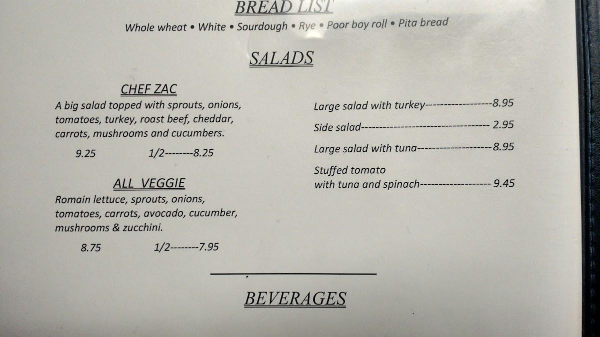 Menu at Zac's Cafe, Dublin