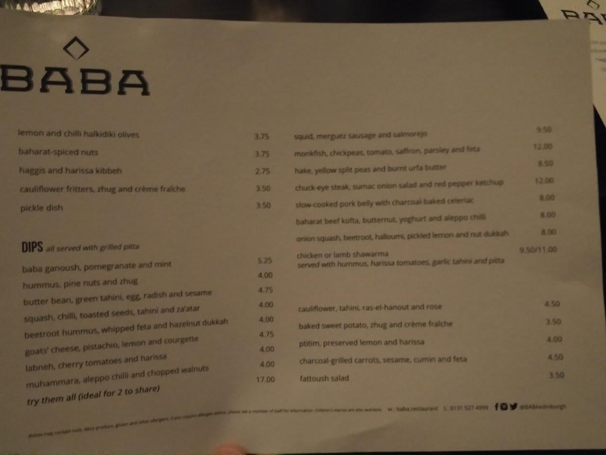 Menu at BABA pub & bar, Edinburgh