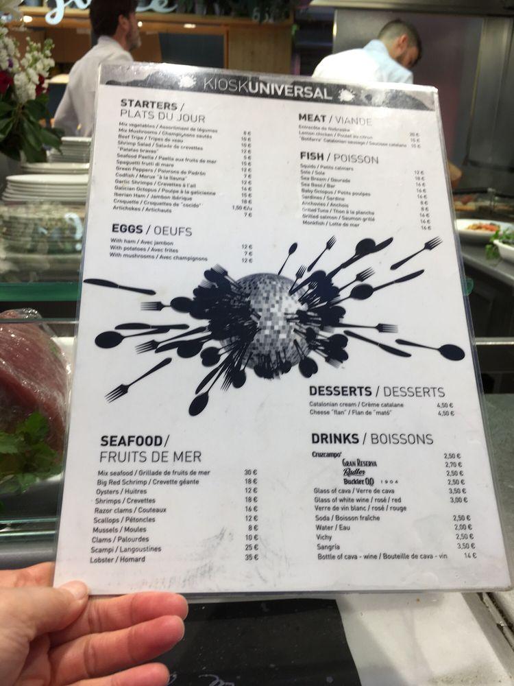 Menu at Kiosko Universal restaurant, Barcelona