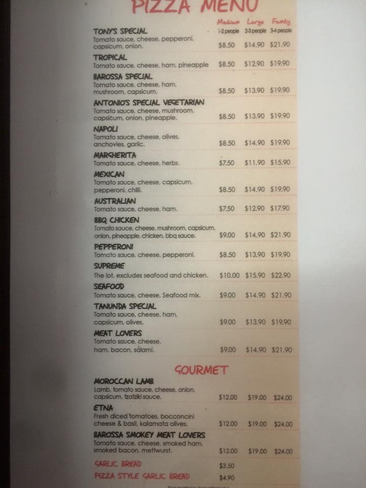 Menu at Mia Pizza pizzeria, Tanunda