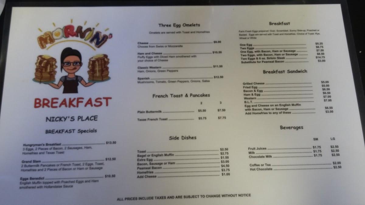 Menu at Nicky's Place restaurant, Cardinal