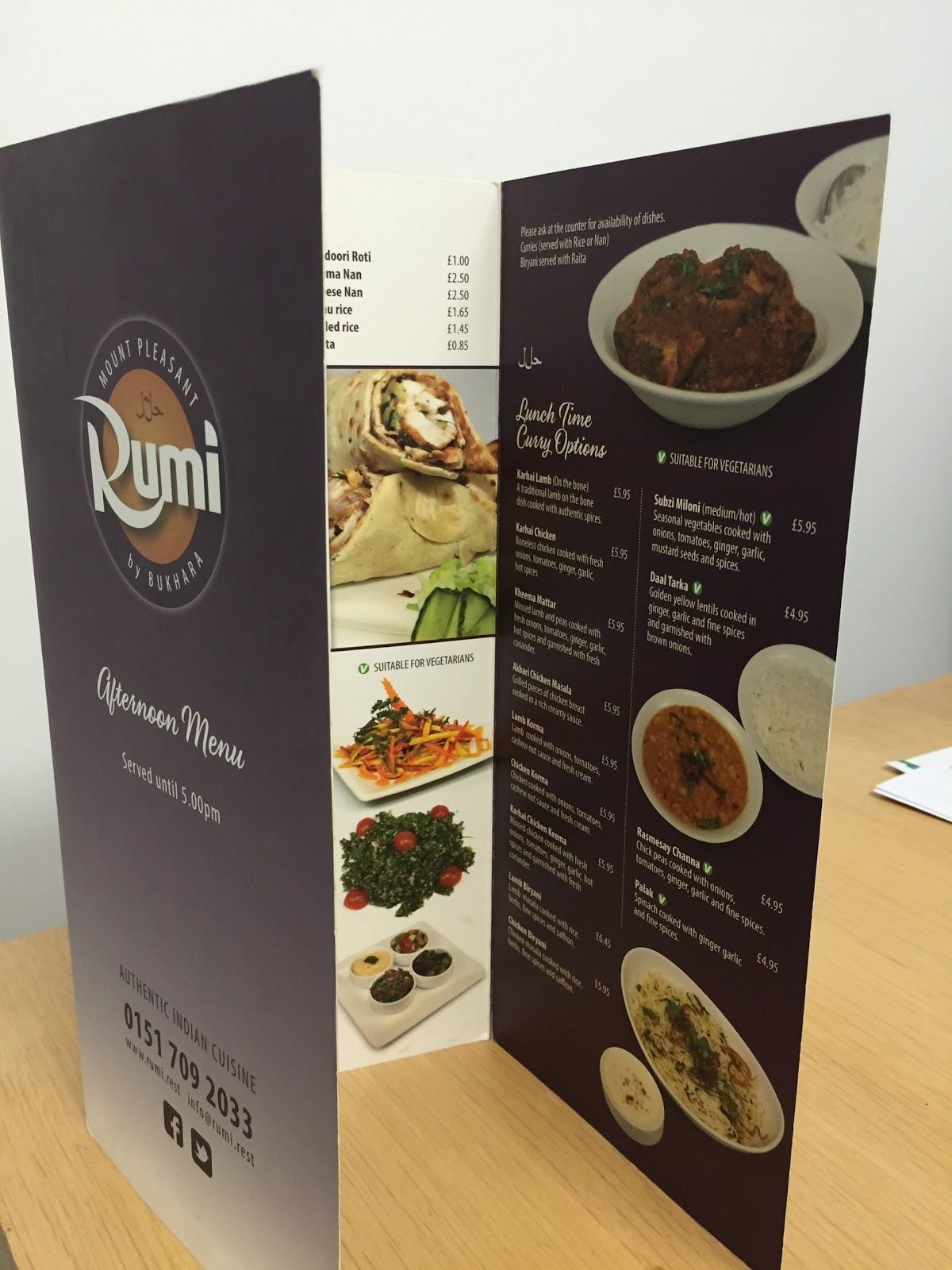 Menu at Rumi restaurant, Liverpool