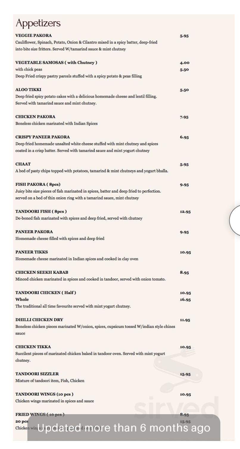 Menu at Sakoon Indian Cuisine restaurant, Hope, 272 Wallace St