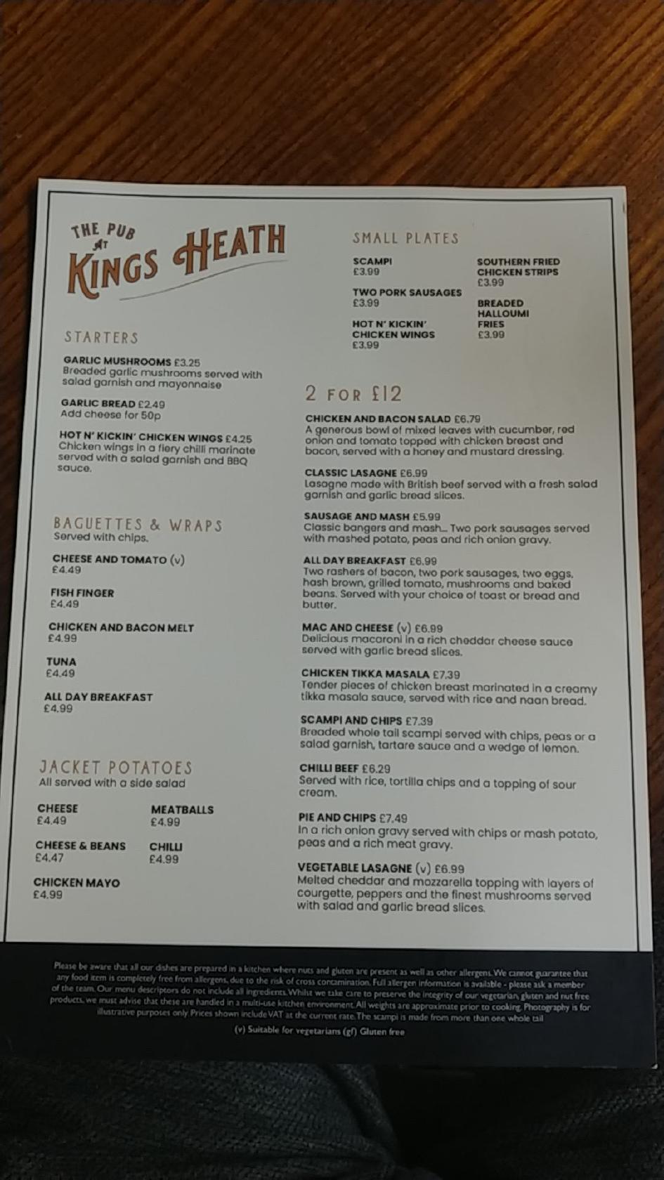 Carta de The Pub at Kings Heath, Birmingham