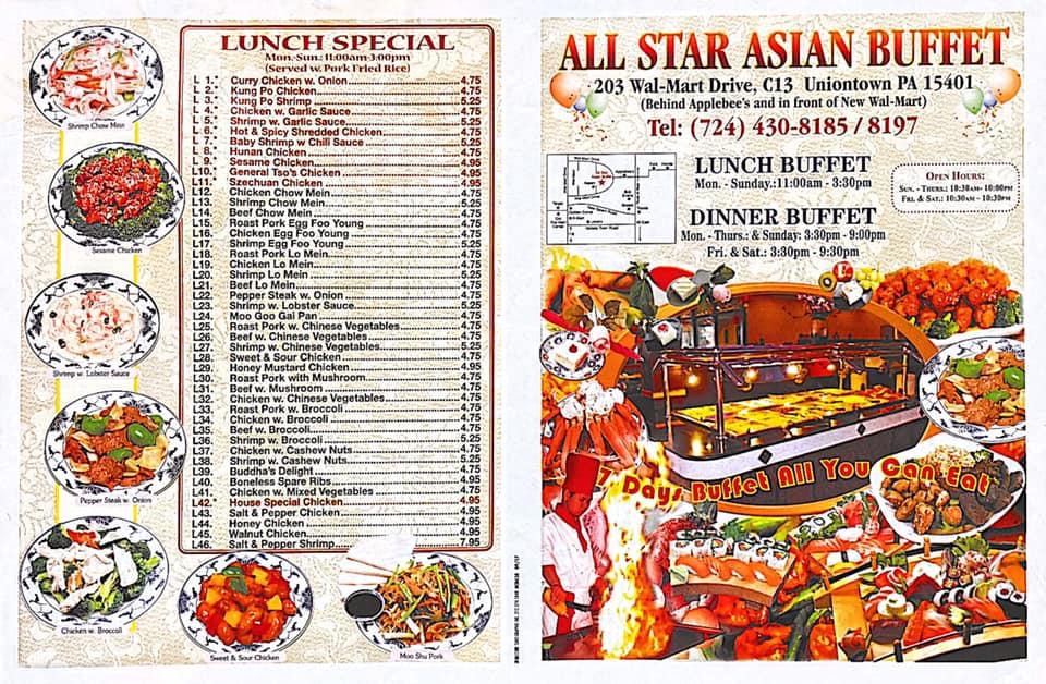 Menu at All Star Asian Buffet restaurant, Uniontown