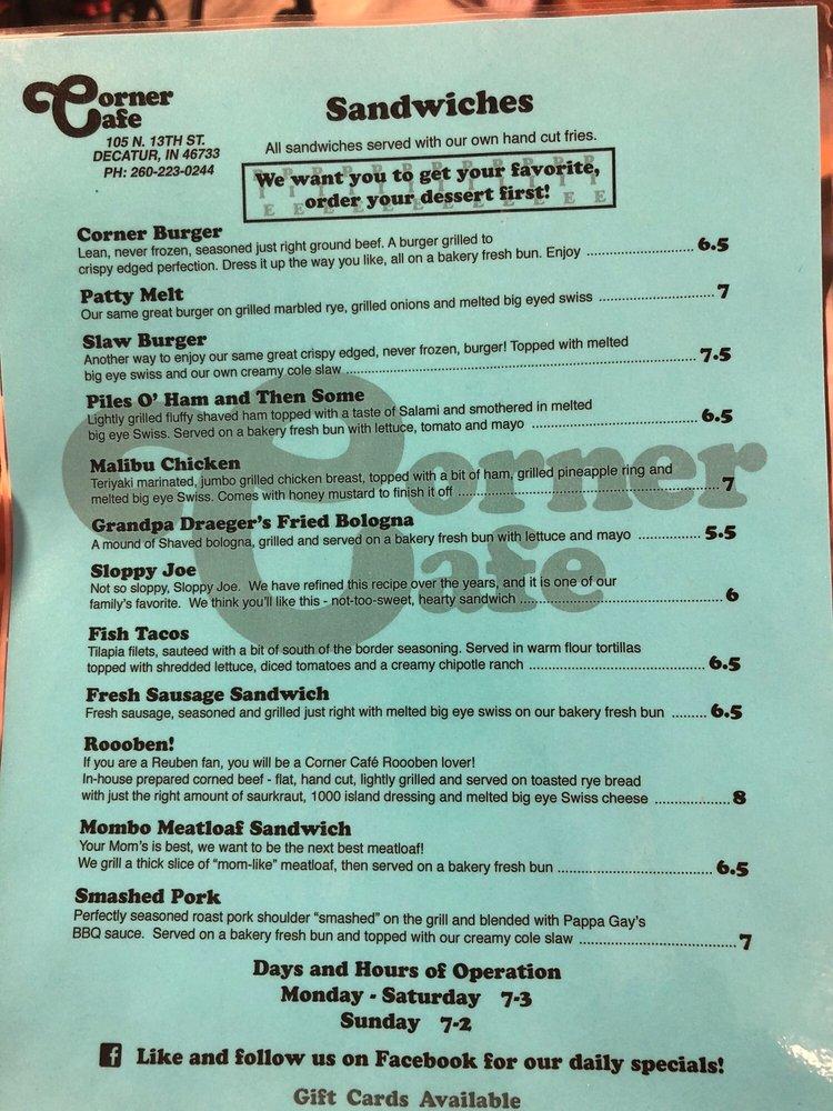 Menu at Corner Cafe, Decatur, 105 N 13th St