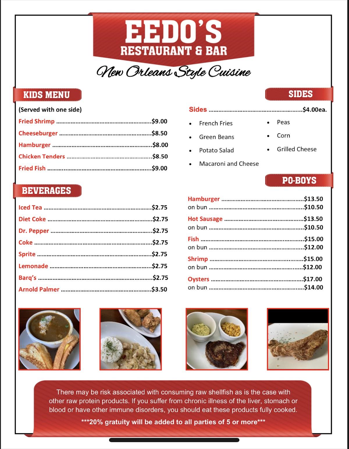 Menu at Eedo’s Restaurant, New Orleans