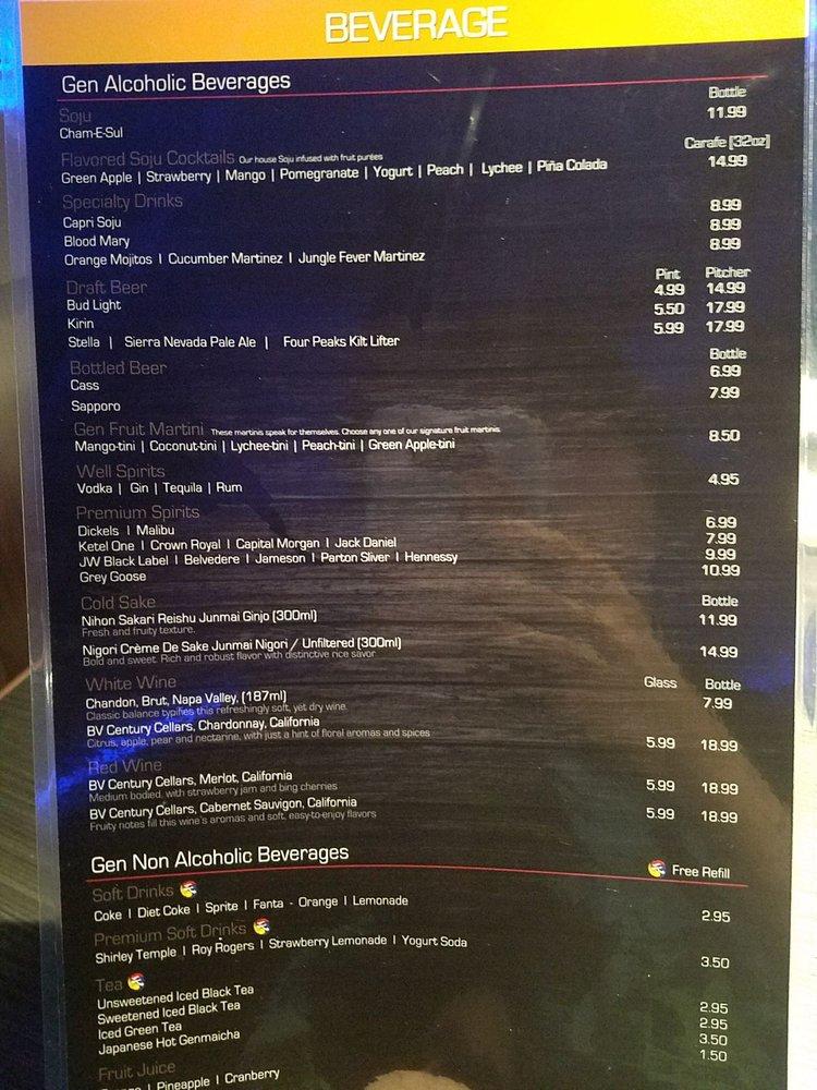 Menu at Gen Korean BBQ House, Tempe, E Rio Salado Pkwy