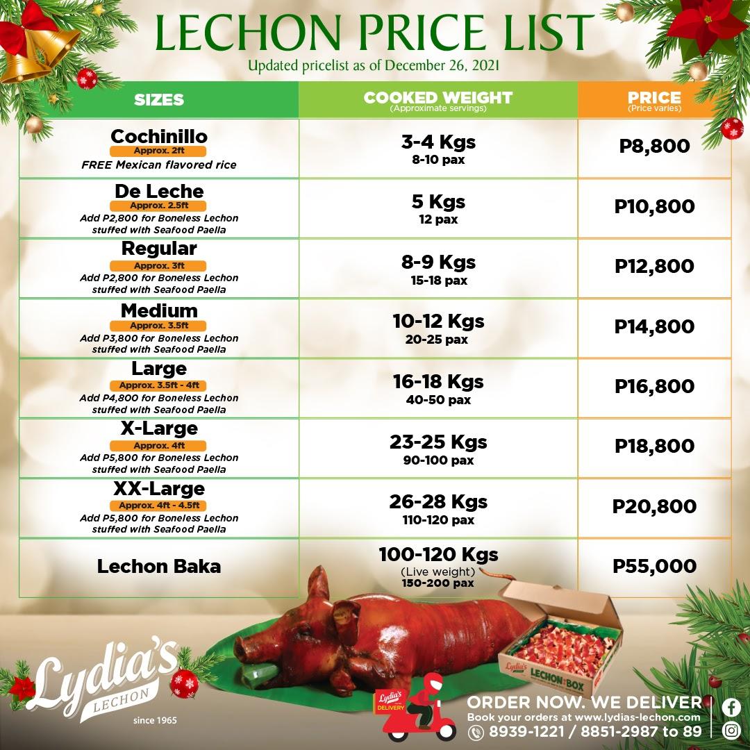Menu at Lydia's Lechon Restaurant - Best Lechon in Manila, Marikina ...