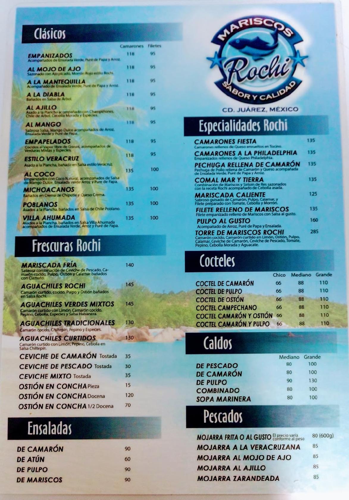 Menu at Mariscos Rochi restaurant, Ciudad Juarez