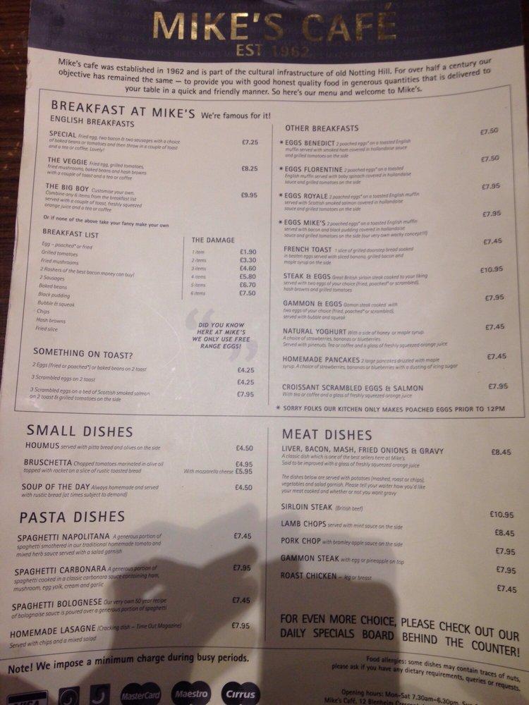 Menu at Mike's Cafe, London
