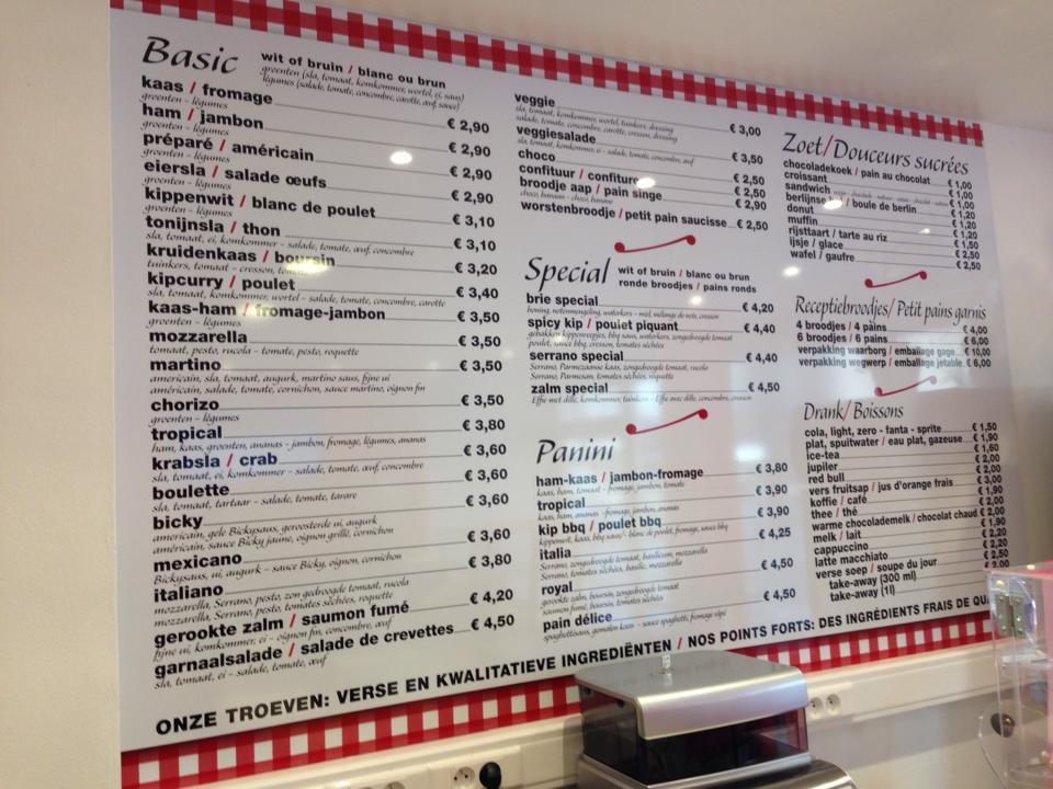 Menu at Pain Delice, De Panne
