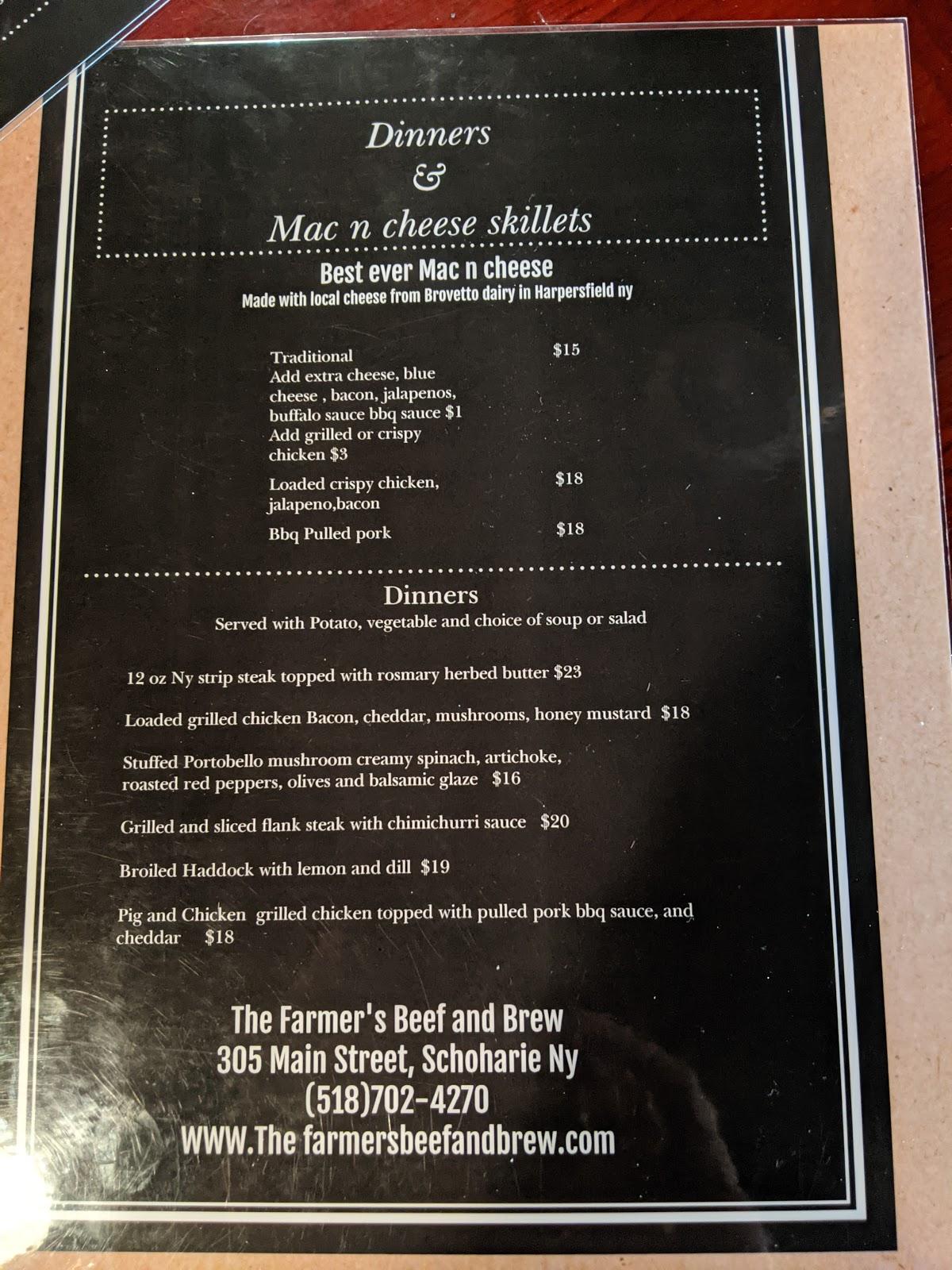 Menu at The Farmers Beef and Brew restaurant, Schoharie