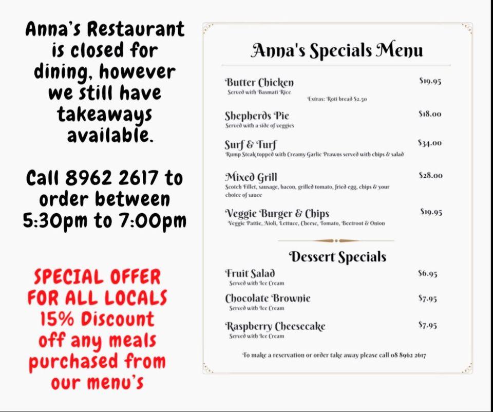 Menu at Anna's Restaurant, Tennant Creek