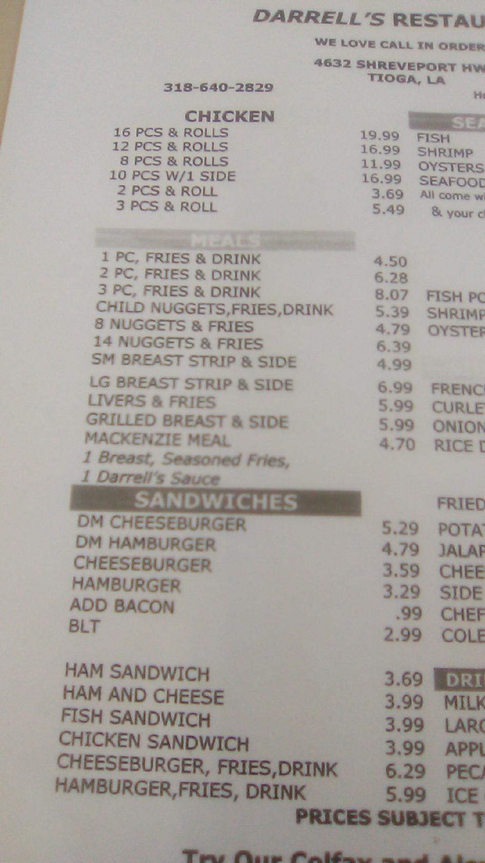 Menu at Darrell's Restaurant, Pineville