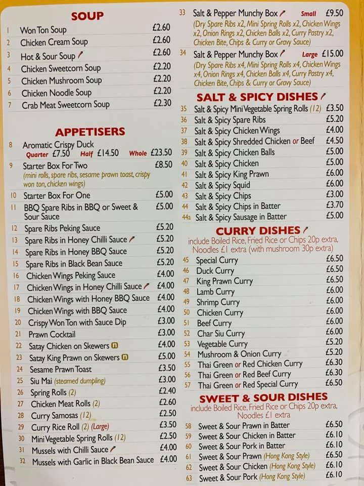 Menu at Fei Wong restaurant, Greenock