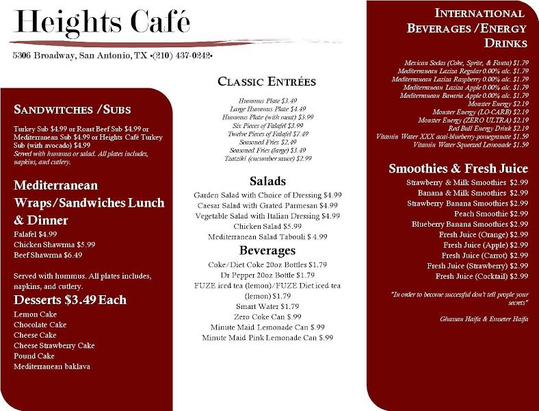 Menu at Habibi Cafe, San Antonio