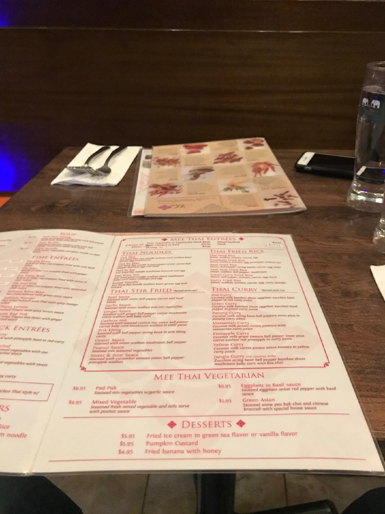 Menu at Mee Thai restaurant, New York City, 180 5th Ave