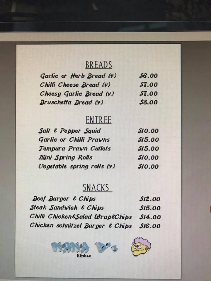 Menu at Nana d’s kitchen restaurant, Wallerawang
