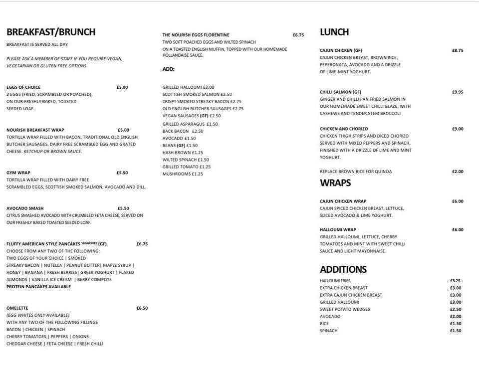 Menu at Nourish cafe, Wilmslow