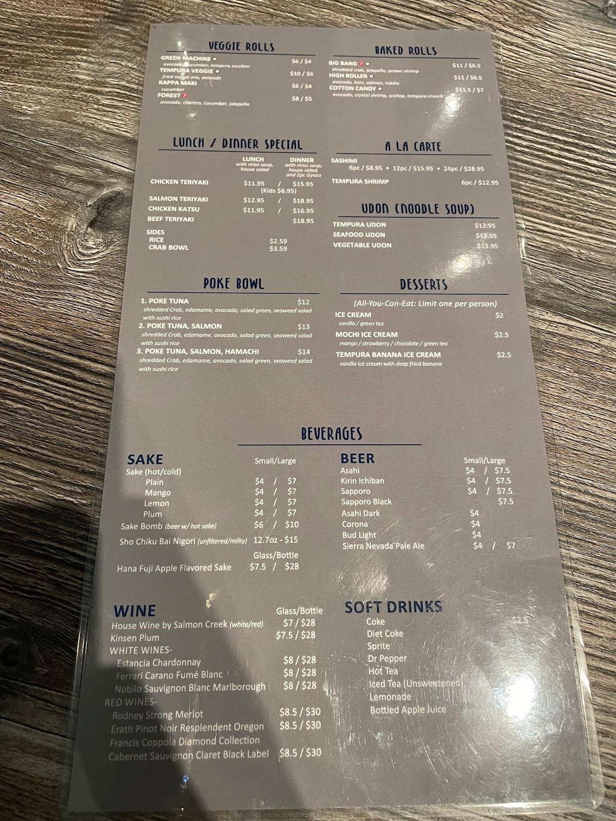 Menu at Umi Sushi restaurant, Reno