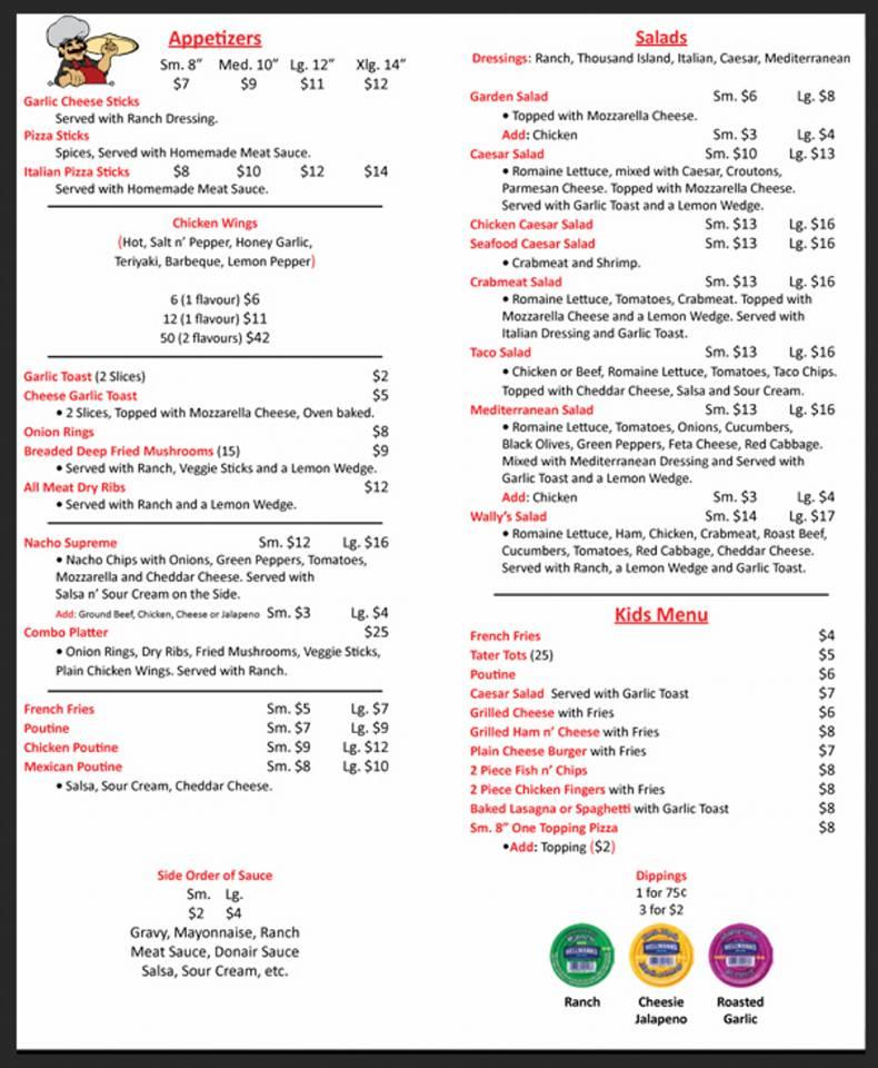 Menu at Wally's Pizza pizzeria, Coaldale