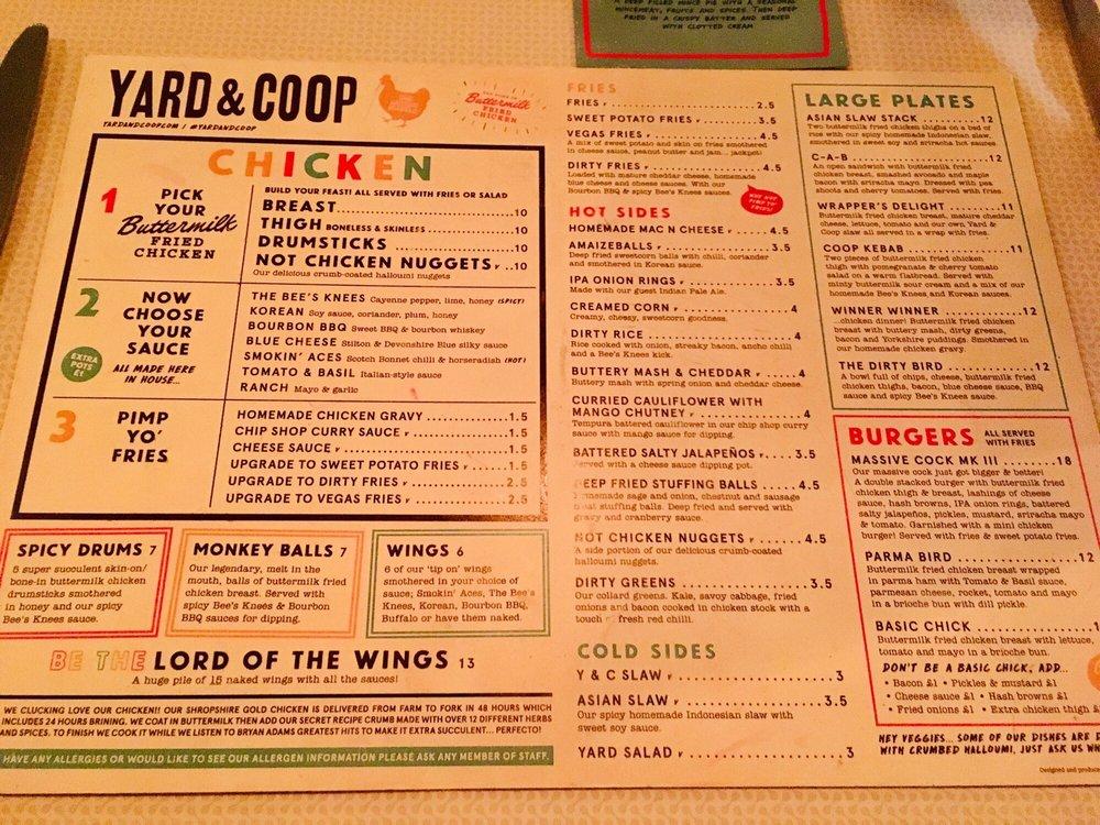 Menu at Yard & Coop Manchester pub & bar, Manchester