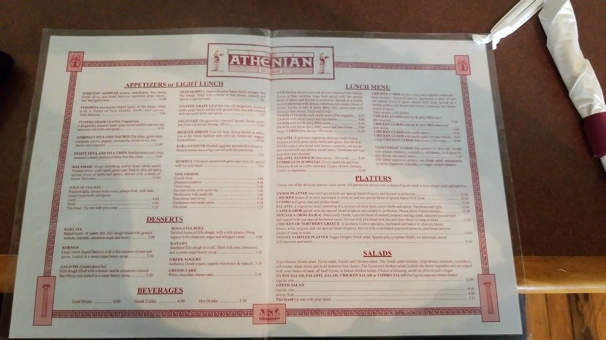 Menu at Athenian restaurant, Billings