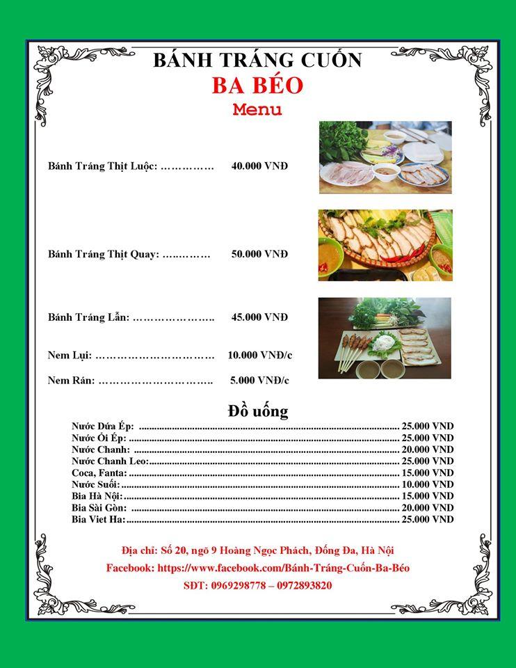 Menu at Bánh Tráng Cuốn Ba Béo restaurant, Hanoi