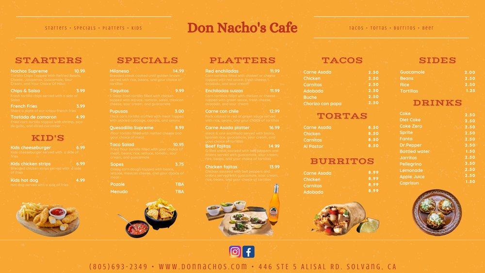 Menu at Don Nacho’s Café restaurant, Solvang