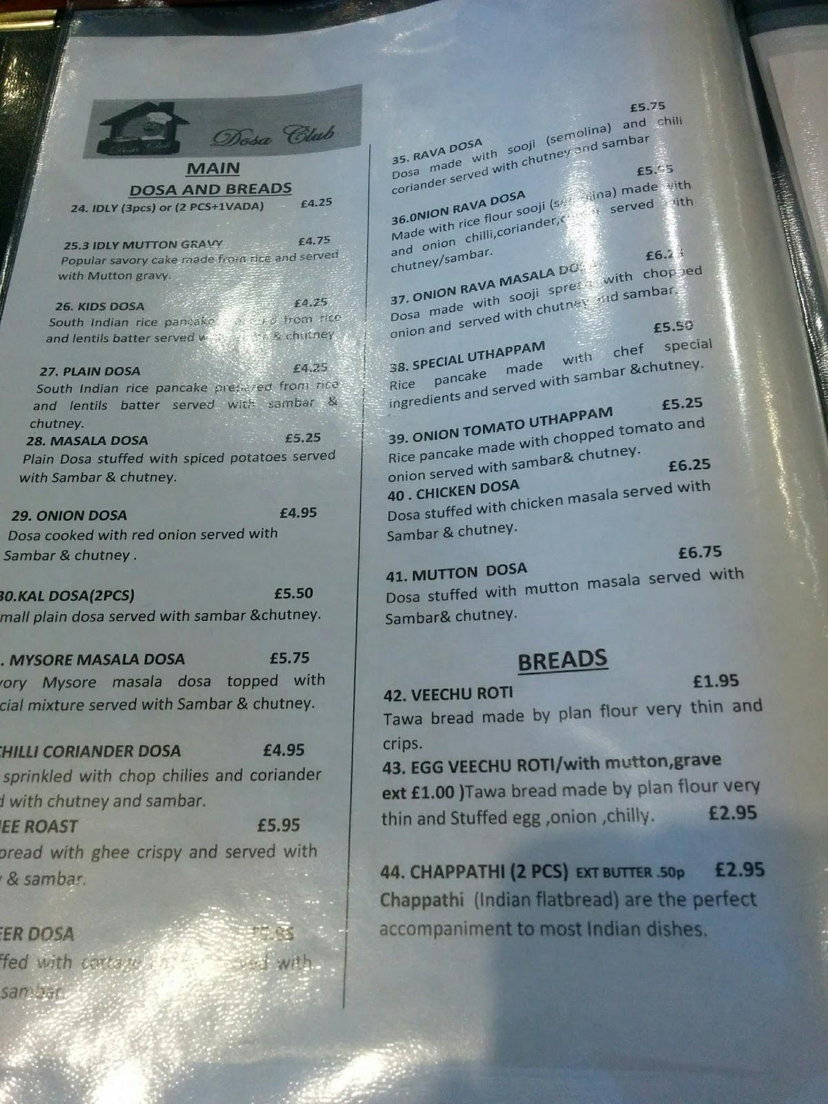 Menu at Dosa Club, Crawley