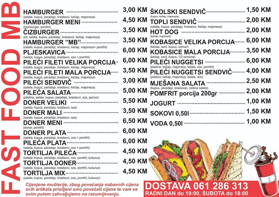Menu at MB restaurant, Hadžići