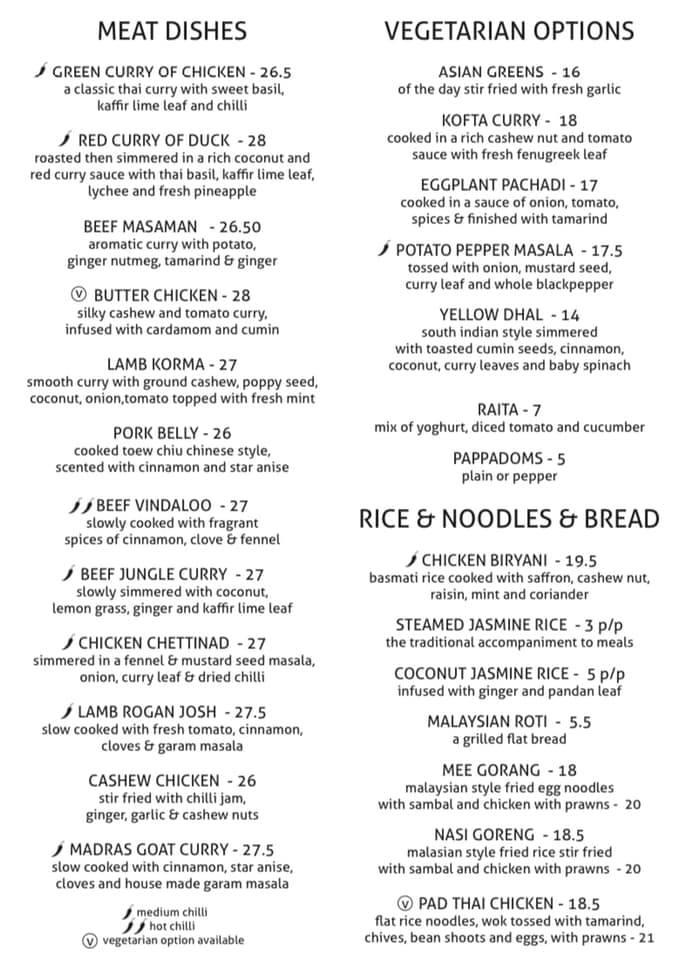 Menu at Hanuman restaurant, Alice Springs, 82 Barrett Dr