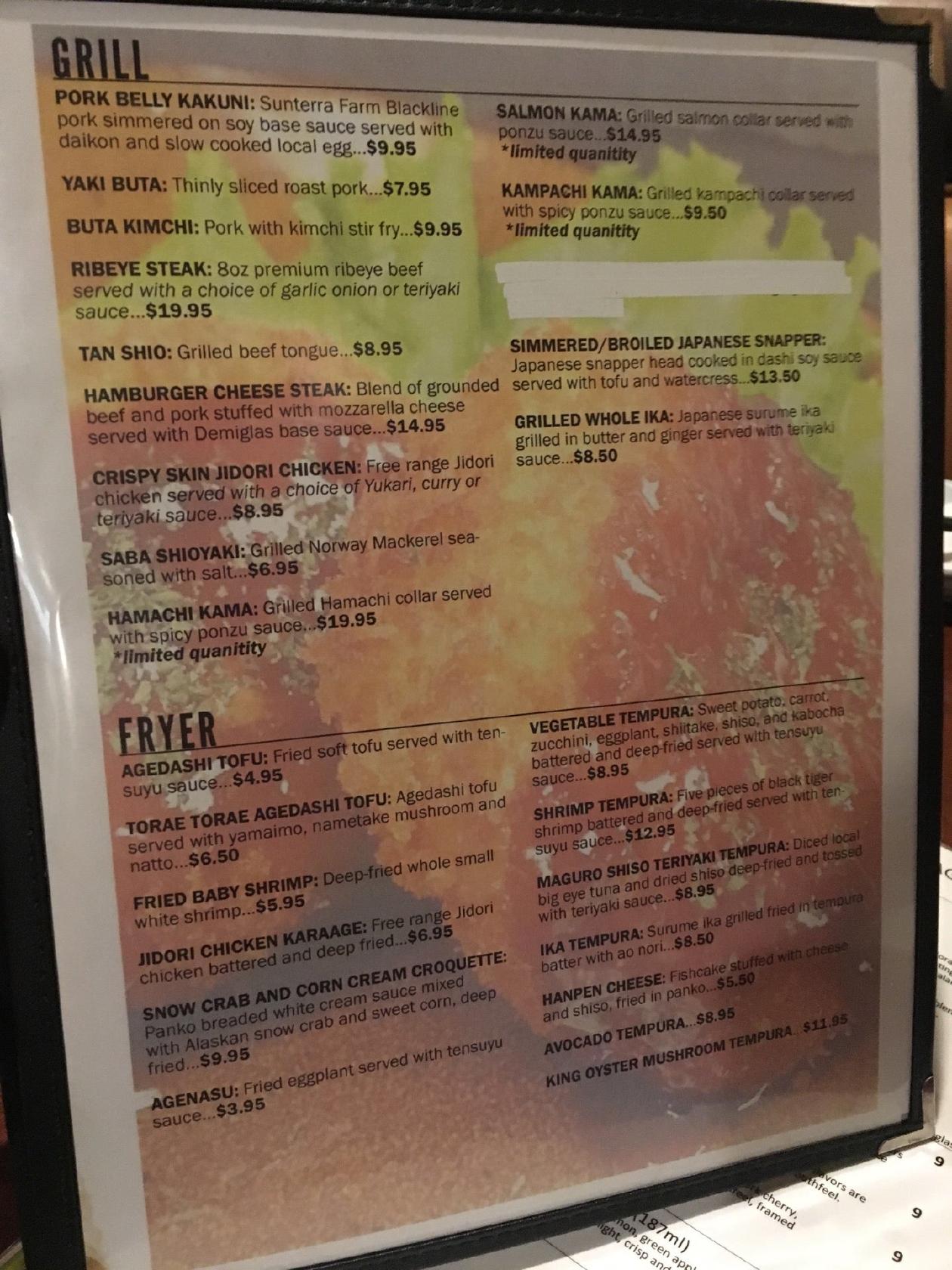 Menu at Izakaya Torae Torae restaurant, Honolulu