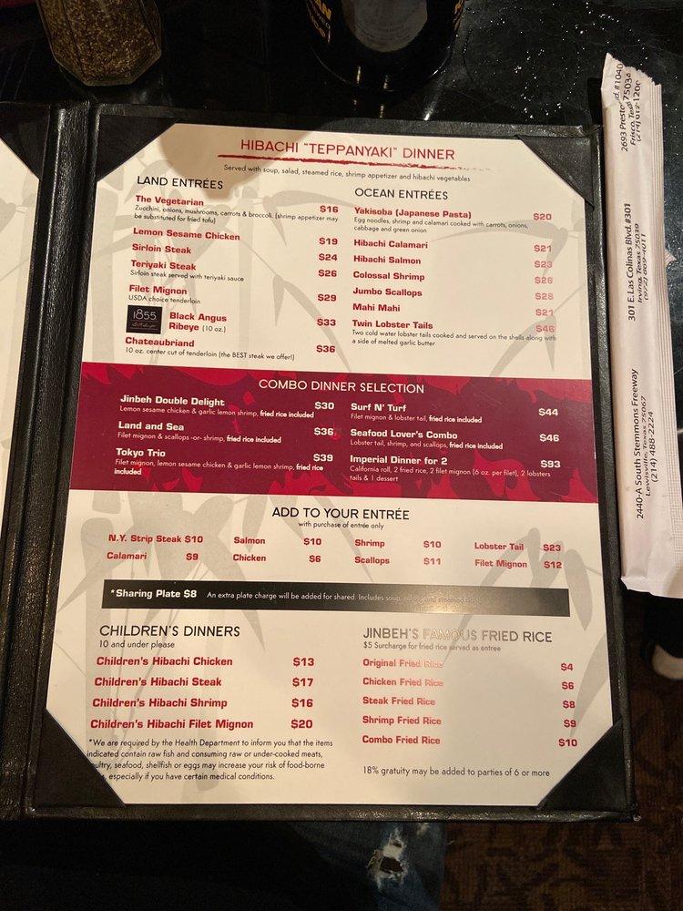 Menu at Jinbeh Japanese Restaurant Lewisville, Lewisville