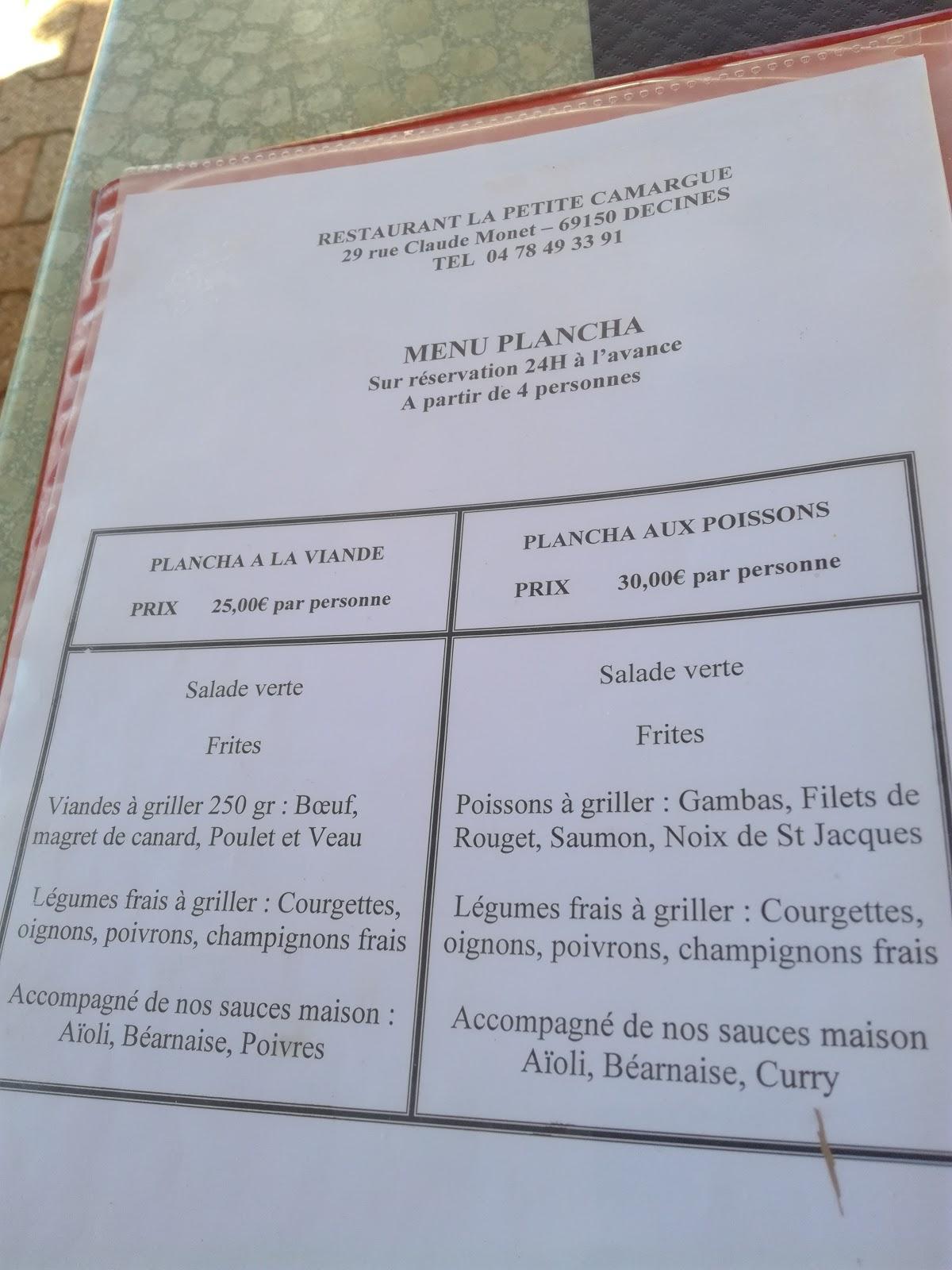 Menu at La Petite Camargue restaurant, Décines-Charpieu