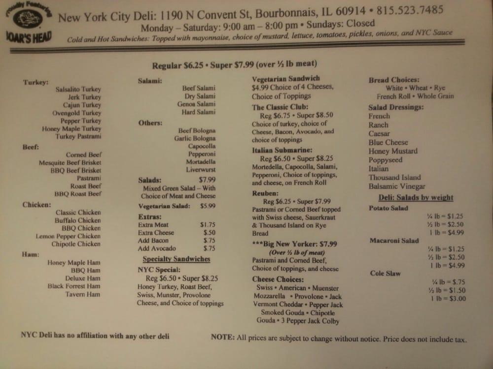 Menu at New York City Deli restaurant, Bourbonnais