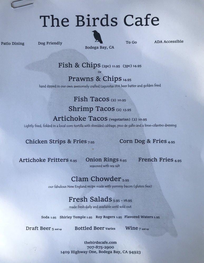 Menu at The Birds Cafe, Bodega Bay