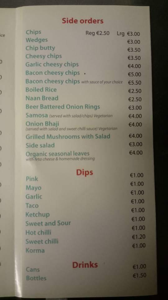 Menu at Ali's Char Bar, Glenties