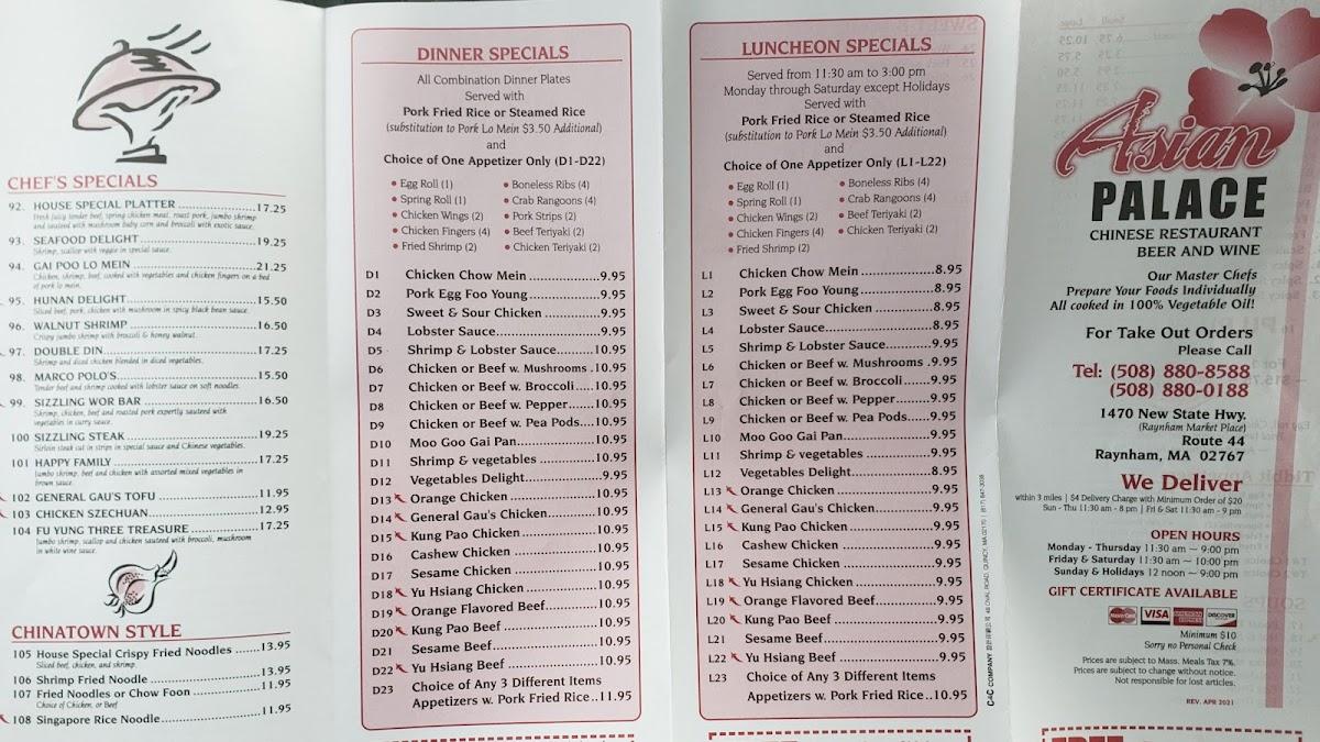 Menu at Asian Palace restaurant, Raynham